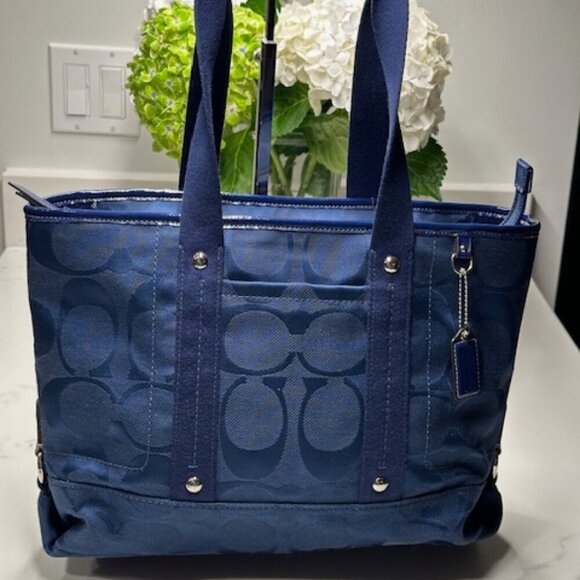 Coach | Bags | Coach Blue Monogram Nylon Kyra Tote Bag Satchel ...